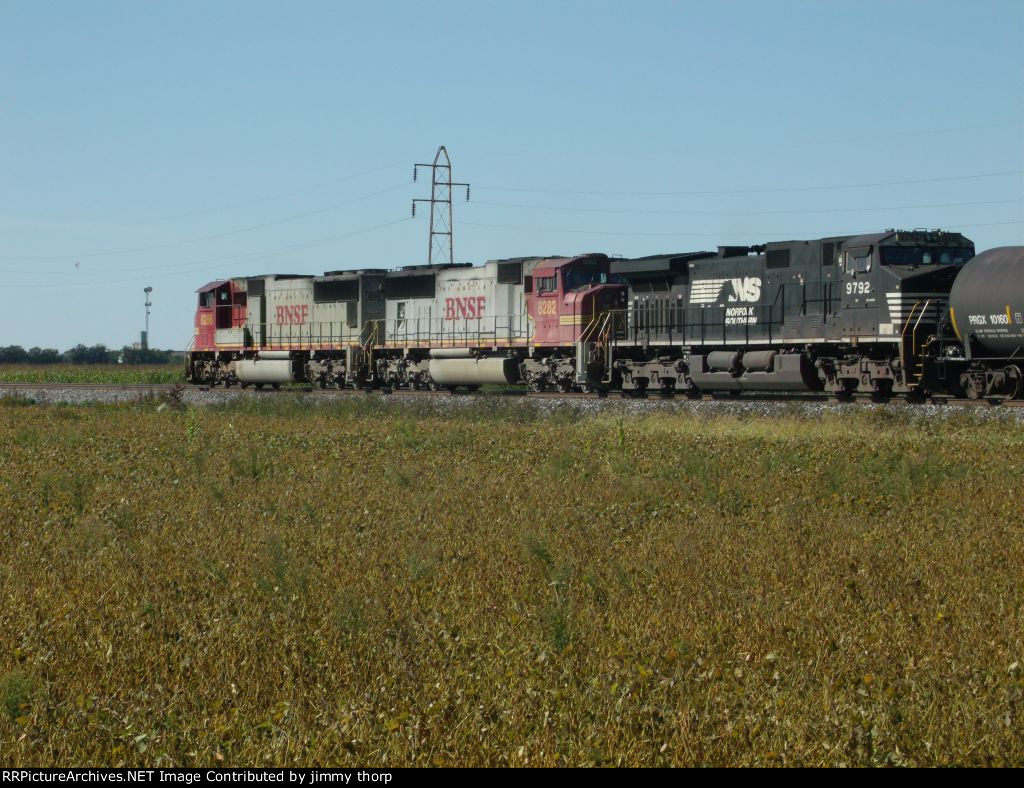 BNSF 8286 8282 NS 9792 ON CSX Q393 Fall of 2011